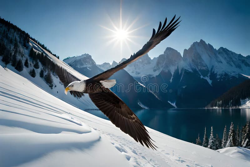 A Majestic Bald Eagle Soaring Gracefully Over a Rugged, Snow-capped Mountain Range Stock ...