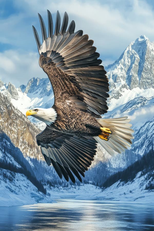 A Majestic Bald Eagle Soaring High Above a River, Its Wings Spread Wide Against a Backdrop of ...