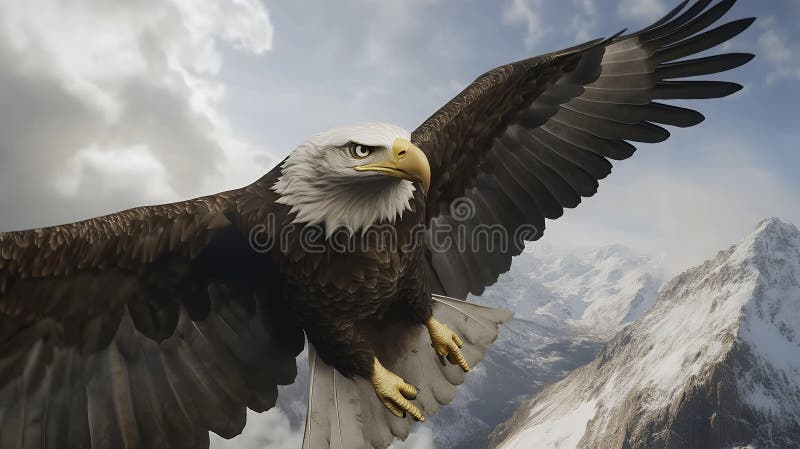 Majestic Bald Eagle Soaring High Above Snow-covered Mountains, Against ...