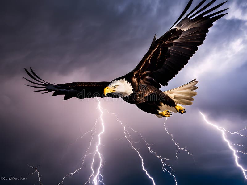 Majestic Bald Eagle Soaring through Lightning Storm Stock Illustration ...