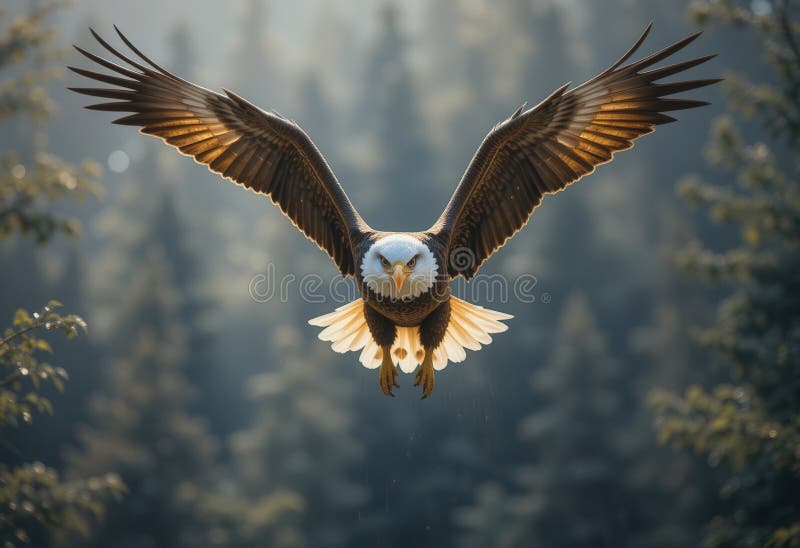 Majestic Bald Eagle Soaring through Misty Forest Landscape Stock Image - Image of patterns, beak ...