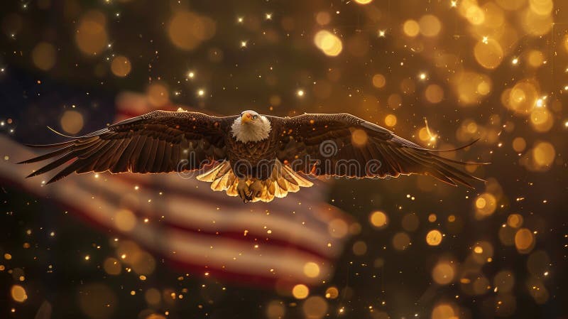 Majestic Bald Eagle Soaring at Night with American Flag and Fireworks ...