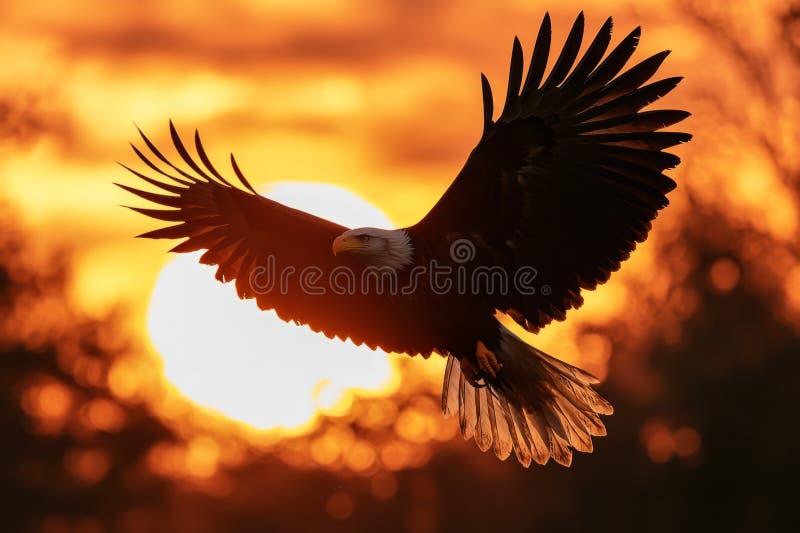 Majestic Bald Eagle Soaring with Outstretched Wings Against a Vibrant Sunset Backdrop Stock ...