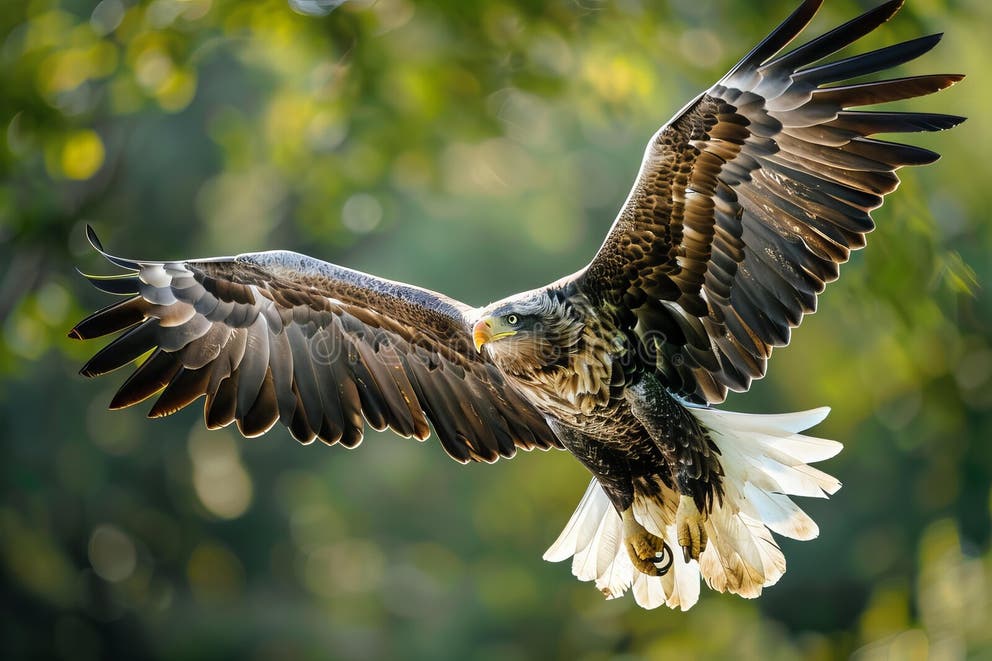 Majestic Bald Eagle Soaring with Outstretched Wings in a Forest Stock ...