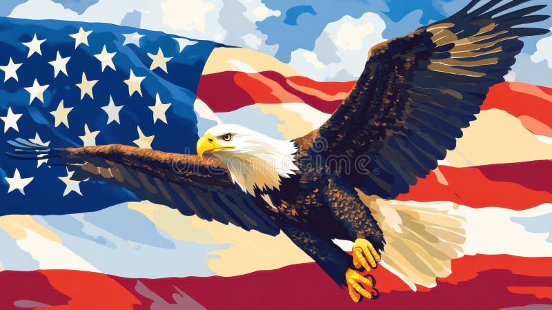 Majestic Bald Eagle Soaring Over American Flag Backdrop Stock Image ...