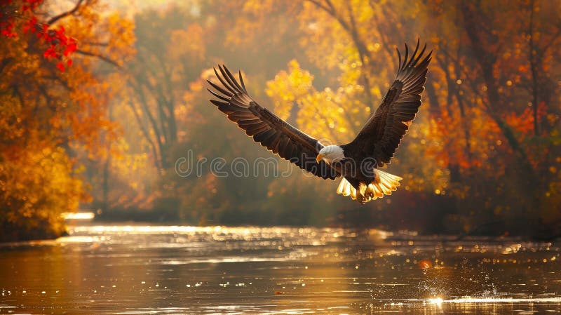 Majestic Bald Eagle Soaring Over Autumn Waters AI Generator Stock ...