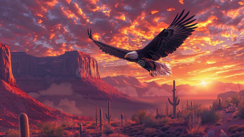 A Majestic Bald Eagle Soaring Over the Desert, with Cacti and Mountains ...