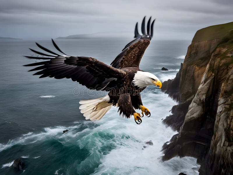 Majestic Bald Eagle Soaring Over Dramatic Coastal Cliffs Stock ...