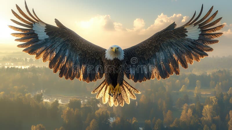 Majestic Bald Eagle Soaring Over Forest Canopy in Golden Sunrise Light ...