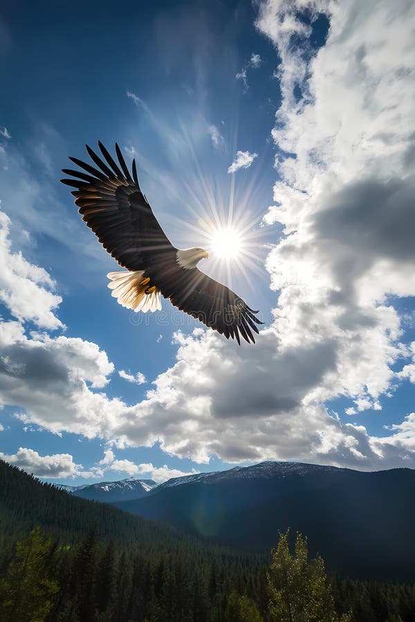 Majestic Bald Eagle Soaring Over Mountain Forest Under Bright Sun Stock Photo - Image of ...