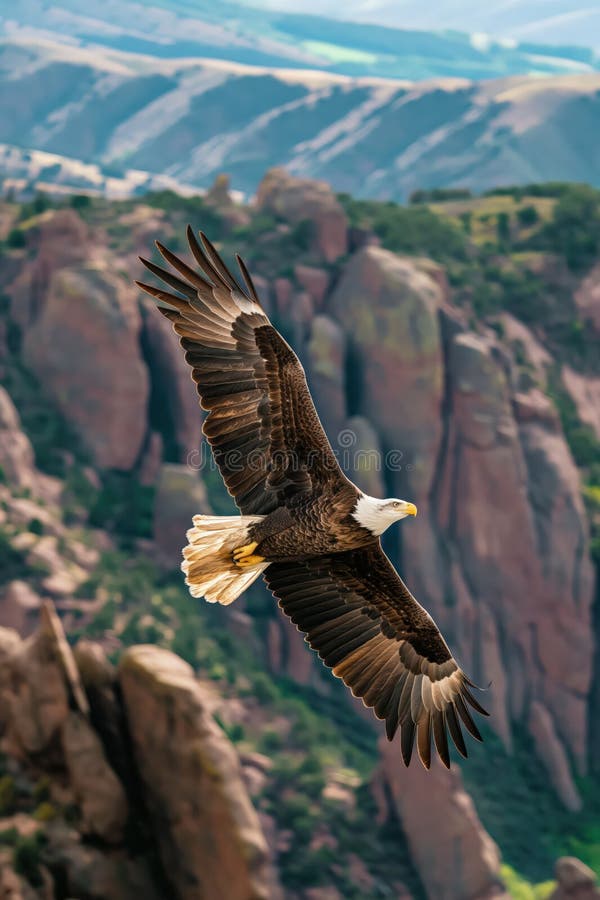 Majestic Bald Eagle Soaring Over Mountain Landscape Stock Image - Image of animal, mountains ...