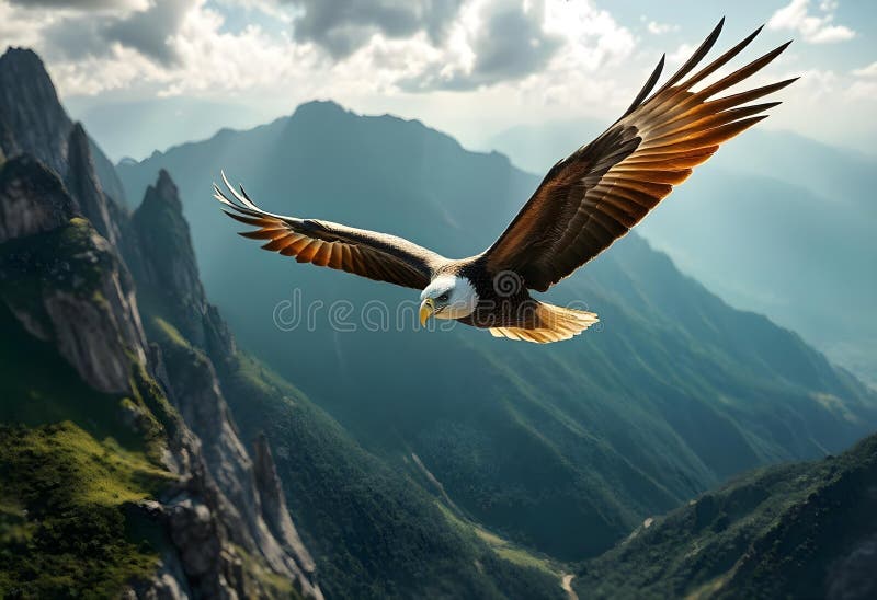 Majestic Bald Eagle Soaring Over Mountain Peaks Stock Illustration - Illustration of peak, hunt ...