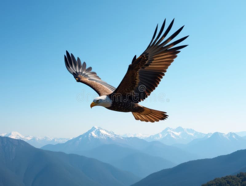 Majestic Bald Eagle Soaring Over Mountain Range with Clear Blue Sky Stock Illustration ...