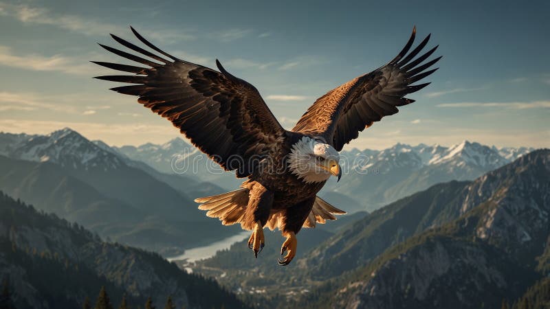 Majestic Bald Eagle Soaring Over Mountain Range with Snow-Capped Peaks and Valley Below Stock ...