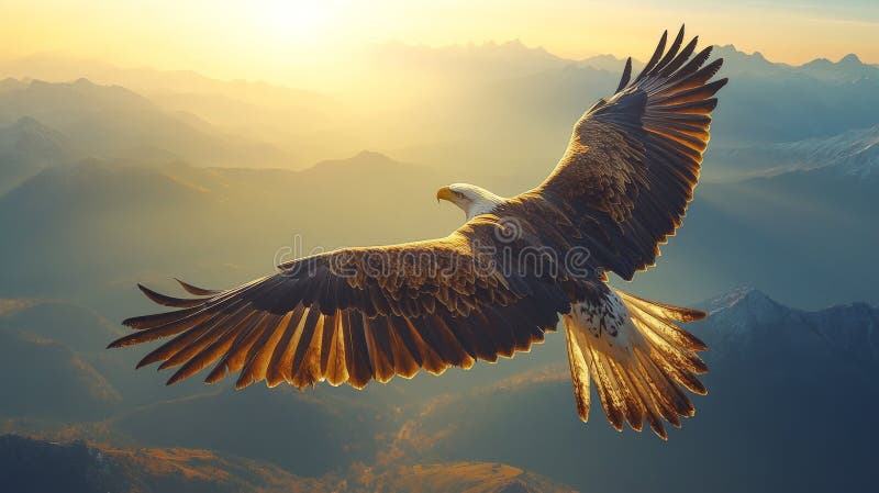 Majestic Bald Eagle Soaring Over Mountain Range at Sunset Stock Image - Image of mountains ...