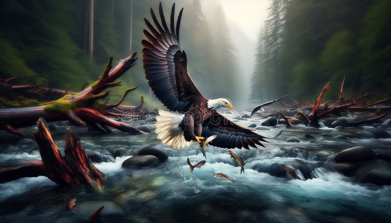 Majestic Bald Eagle Soaring Over a Mountain River, Catching Fish Stock Illustration ...