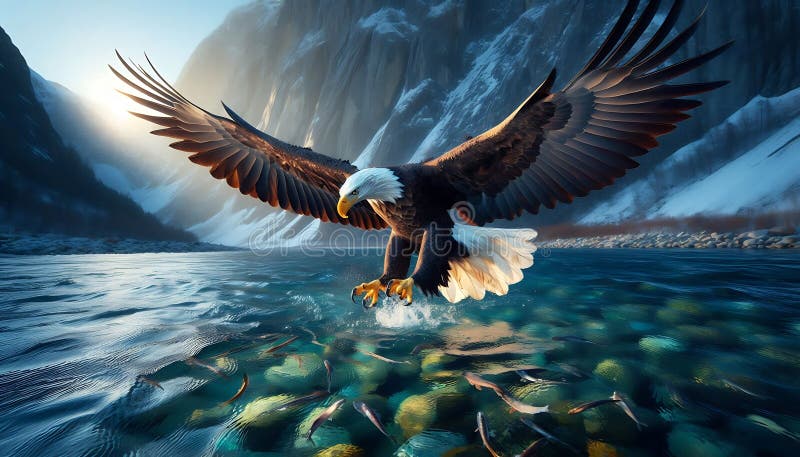 Majestic Bald Eagle Soaring Over a Mountain River, Catching Fish Stock ...