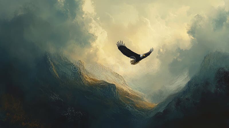 A Majestic Bald Eagle Soaring Over a Mountainous Landscape Under ...