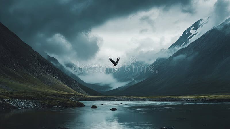 A Majestic Bald Eagle Soaring Over a Mountainous Landscape Under ...