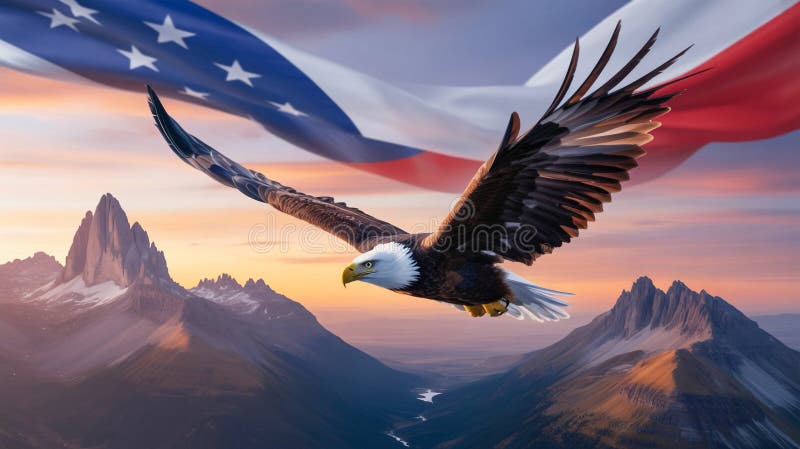 Majestic Bald Eagle Soaring Over Mountains at Sunset Stock Photo ...