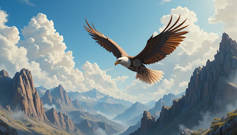 Majestic Bald Eagle Soaring Over Pixelated Mountain Range Under a Sunny ...