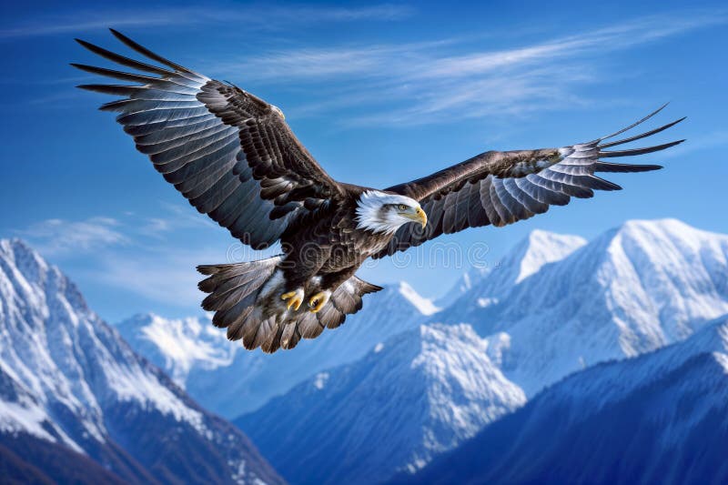 Majestic Bald Eagle Soaring Over Snow-Capped Mountain Range with Wings ...
