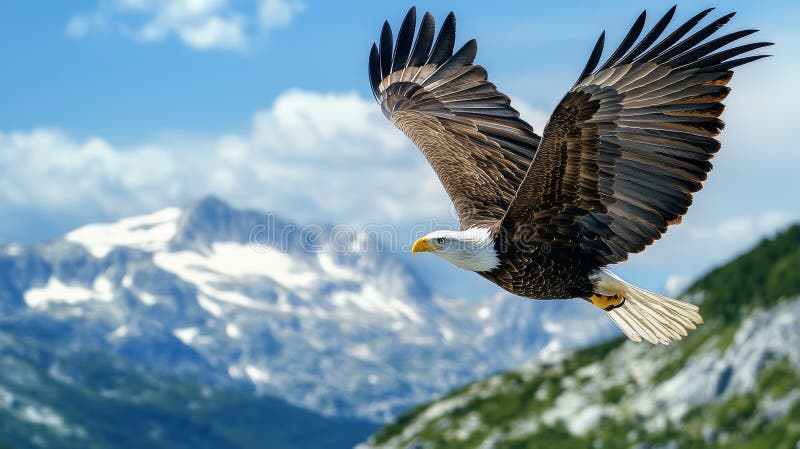 Majestic Bald Eagle Soaring Over Snow-capped Mountains Stock Image - Image of wings, travel ...