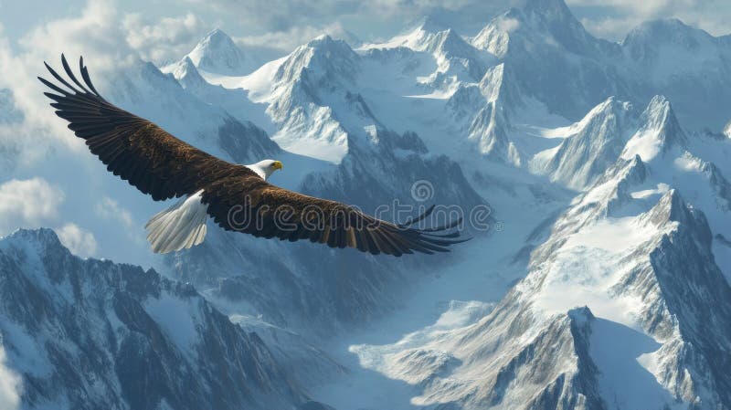 Majestic Bald Eagle Soaring Over Snowy Mountain Peaks Stock Illustration - Illustration of ...