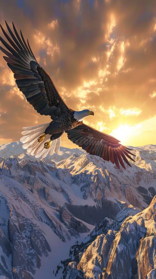 Majestic Bald Eagle Soaring Over Snowy Mountain Range at Sunset ...
