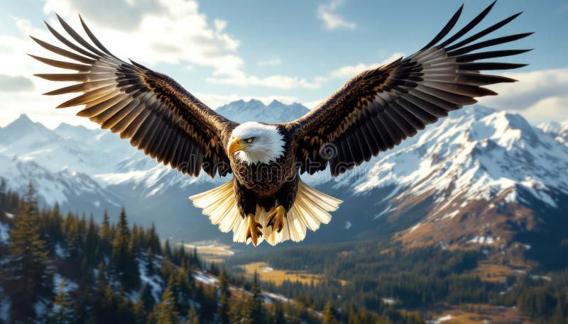 Majestic Bald Eagle Soaring Over Snowy Mountains Stock Photo - Image of ...