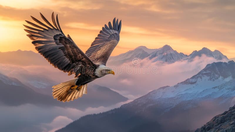 Majestic Bald Eagle Soaring Over Snowy Mountains at Sunset Stock Illustration - Illustration of ...