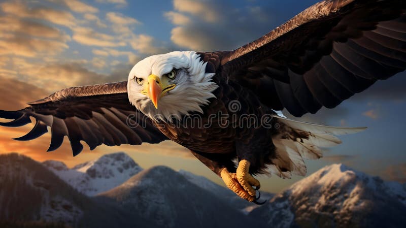 Majestic Bald Eagle Soaring Over Snowy Mountains at Sunset Stock Illustration - Illustration of ...