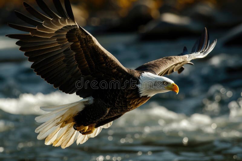 A Majestic Bald Eagle Soaring through the Sky Above a Flowing River. Ideal for Nature and ...