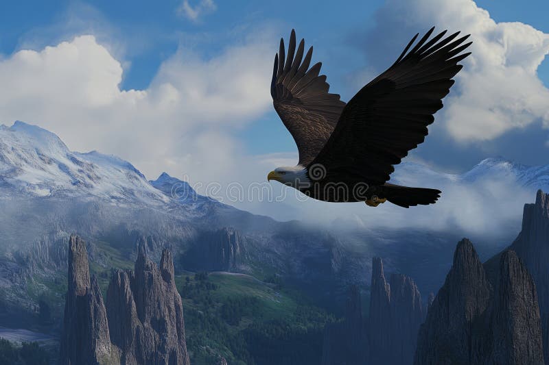 A Majestic Bald Eagle Soaring through the Sky with Its Wings Fully Spread, Set Against a ...