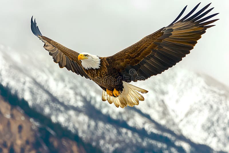 Bald Eagle in Flight Against the Background of Snow-capped Mountains Stock Illustration ...