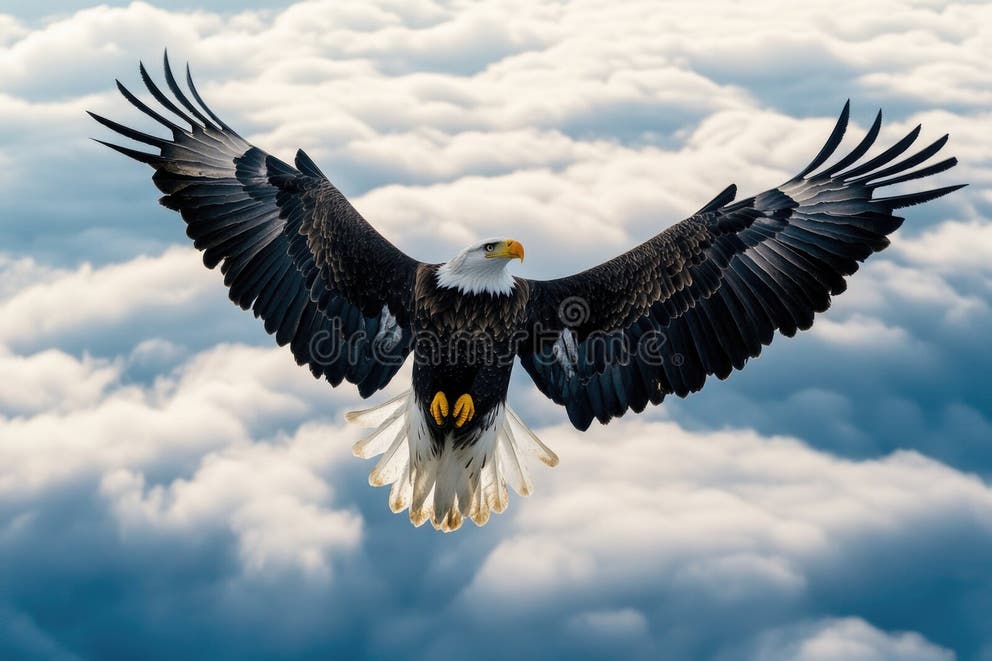 A Majestic Bald Eagle Soaring through the Sky, Surrounded by Fluffy White Clouds Stock Photo ...