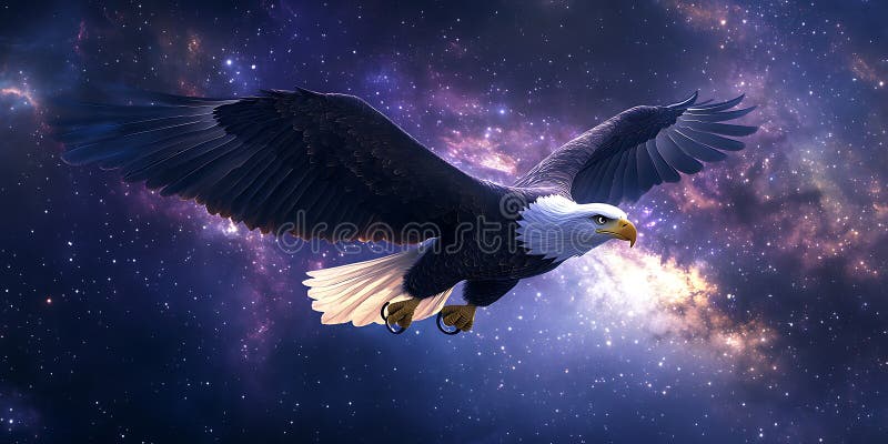 Majestic Bald Eagle Soaring through Space Galaxy Background Stock ...