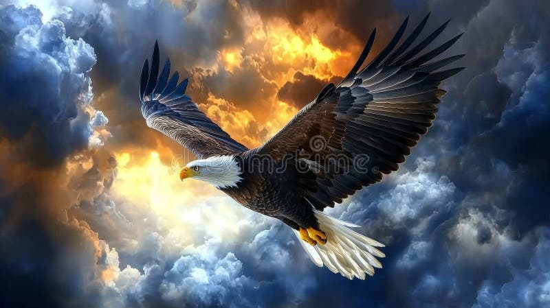 Majestic Bald Eagle Soaring through Stormy Sky in Dramatic Nature Scene Stock Illustration ...
