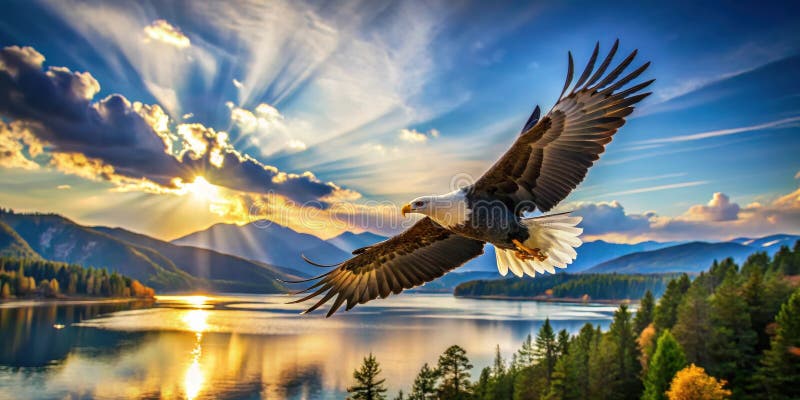 Majestic Bald Eagle Soaring at Sunset Over a Serene Lake and Mountain Range. Generative AI Stock ...