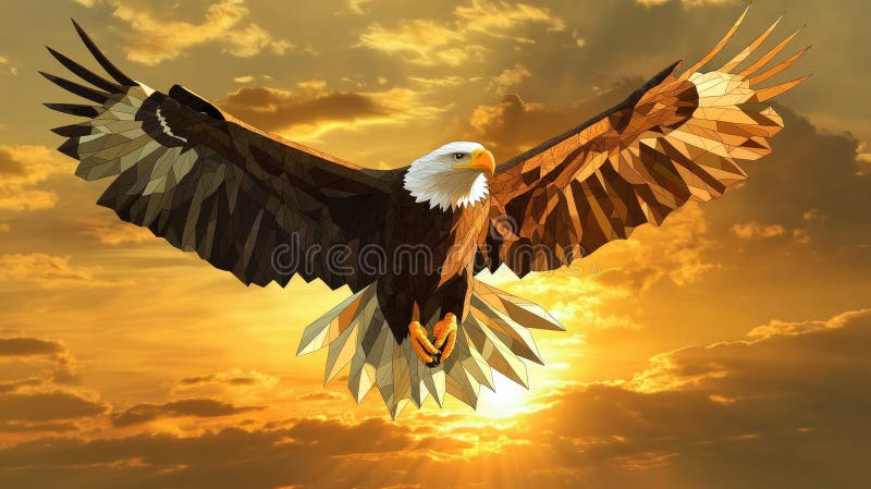 Majestic Bald Eagle Soaring at Sunset with Triangular Feather Detail. Stock Illustration ...
