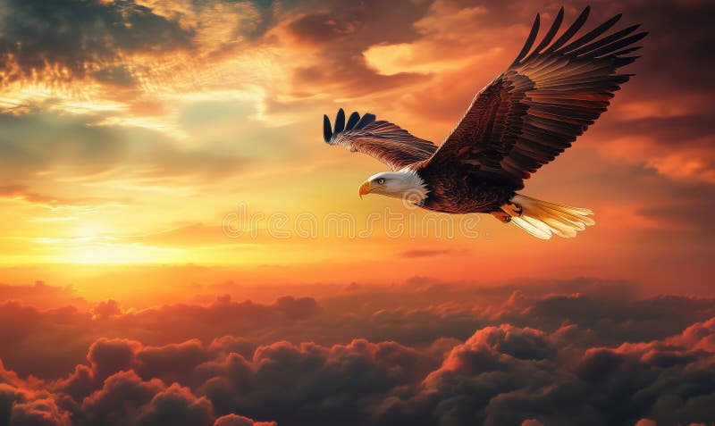 Majestic Bald Eagle Soaring through Vibrant Sunset Clouds Stock Photo ...