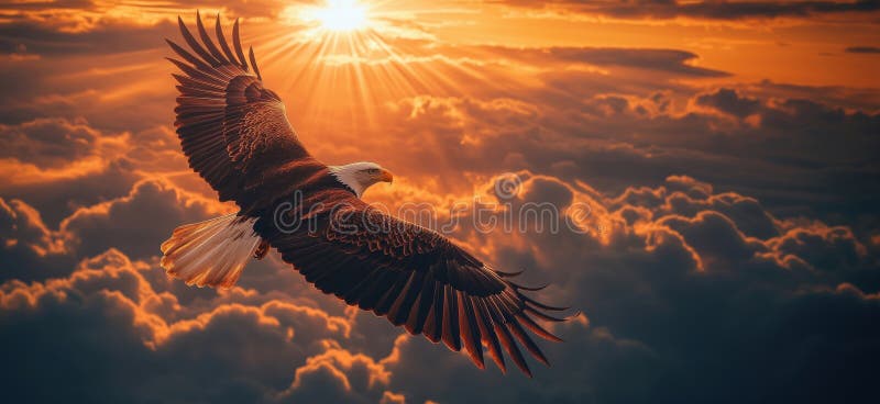 Majestic Bald Eagle Soaring through Vibrant Sunset Clouds with Dramatic Lighting Stock Image ...