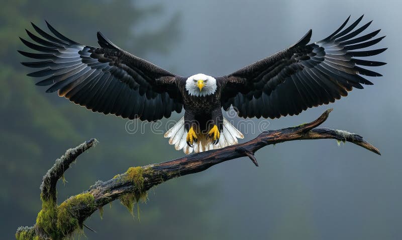 Majestic Bald Eagle Soaring with Wings Spread Wide on a Mossy Branch Stock Image - Image of ...