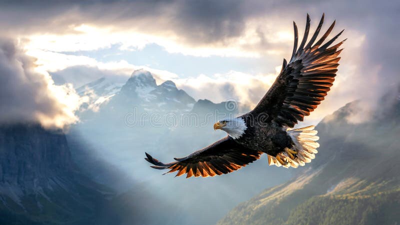 Majestic Bald Eagle Soars through Dramatic Mountain Landscape at ...