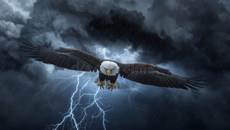Majestic Bald Eagle Soars through Lightning Storm Stock Illustration ...