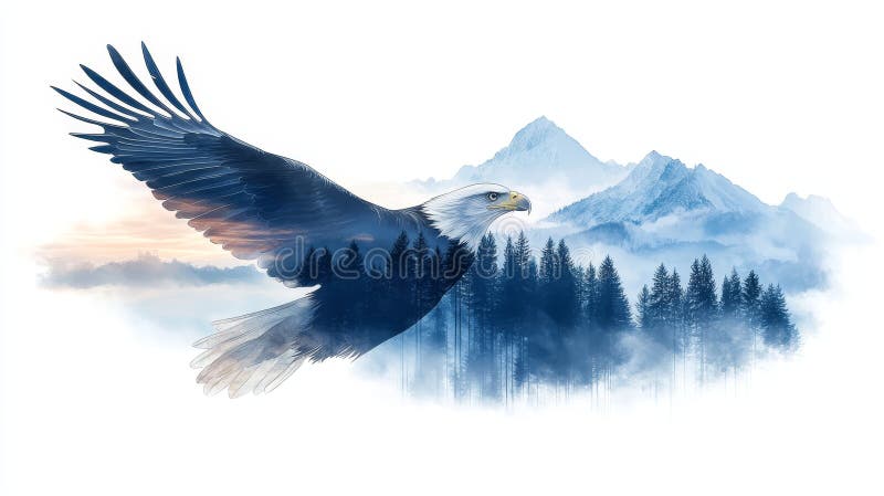 A Majestic Bald Eagle Soars Over a Misty Forest with Towering Mountain ...