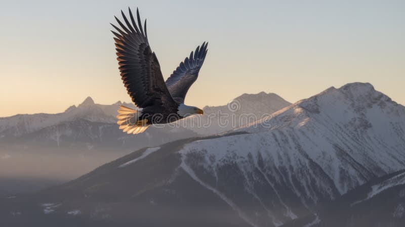 A Majestic Bald Eagle Soars Over Snow-capped Mountains at Sunset. Stock ...