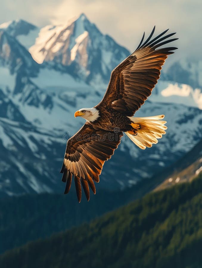 A Majestic Bald Eagle Soars through the Sky Above a Scenic Mountain ...