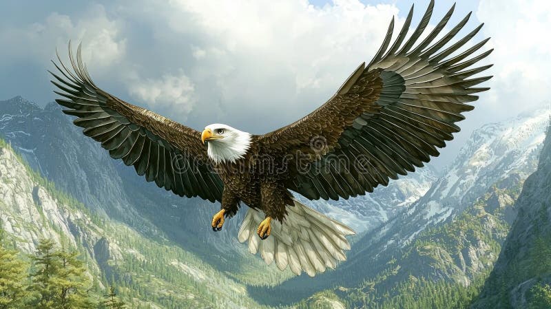 A Majestic Bald Eagle Soars through the Sky with Its Wings Spread Wide Showcasing Its Impressive ...