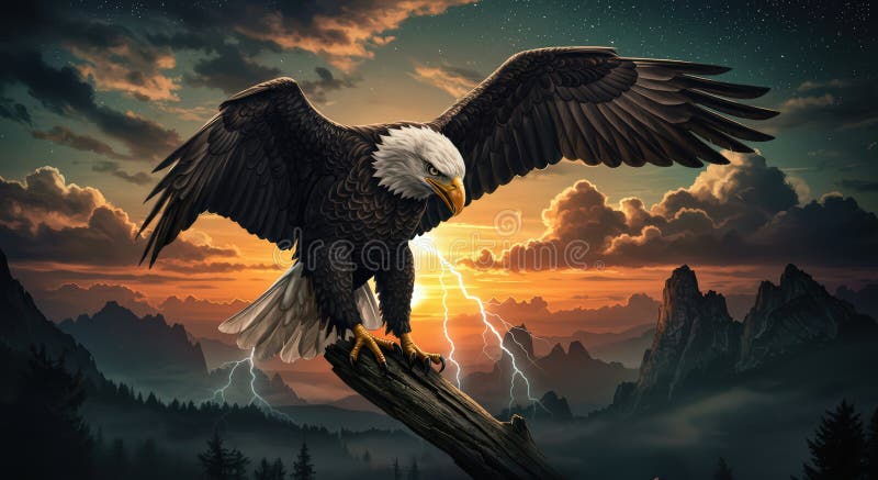 Majestic Bald Eagle at Sunset Over Dramatic Mountain Range Stock Illustration - Illustration of ...